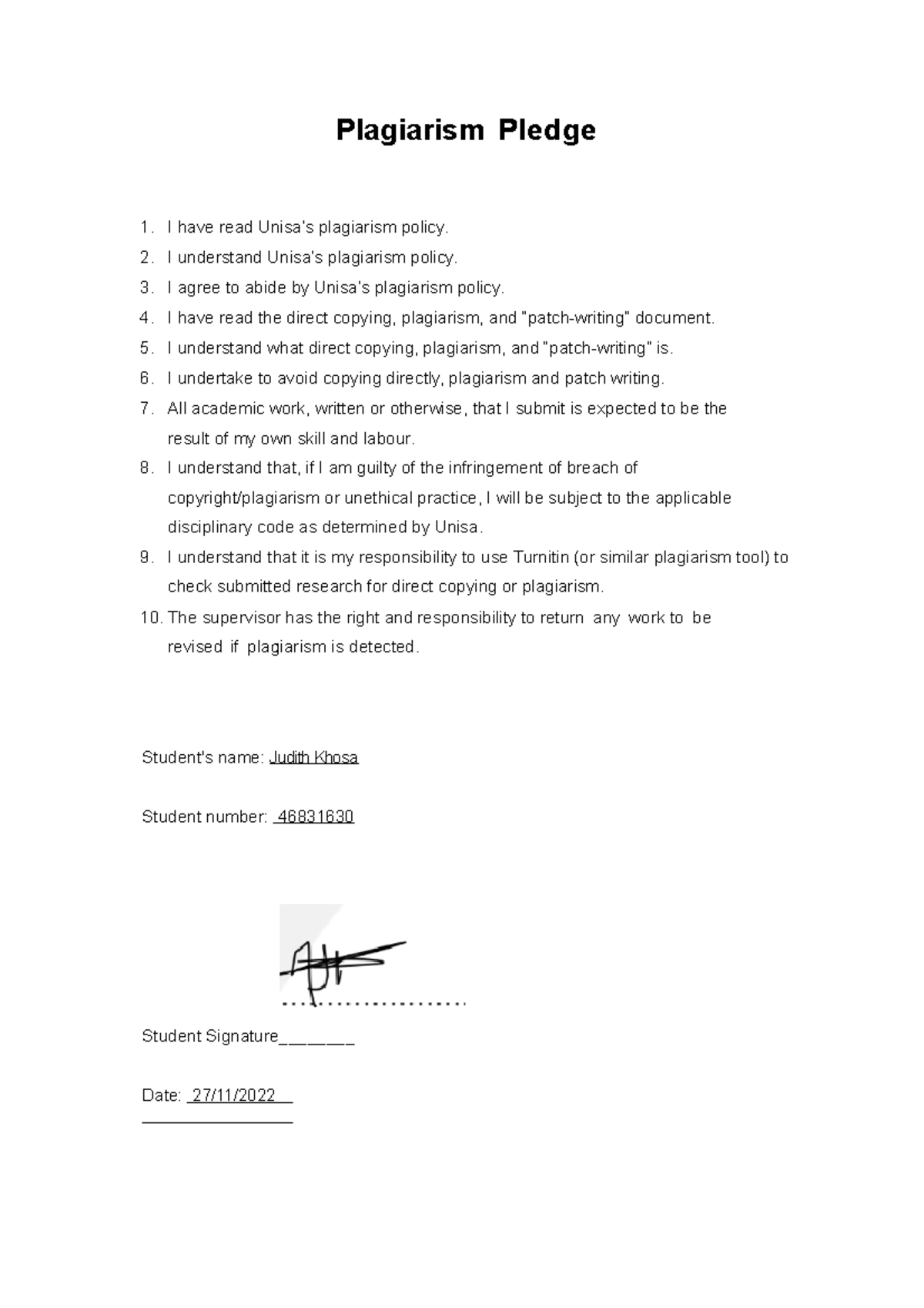 INF4831 security in computing - Plagiarism Pledge I have read Unisa’s ...