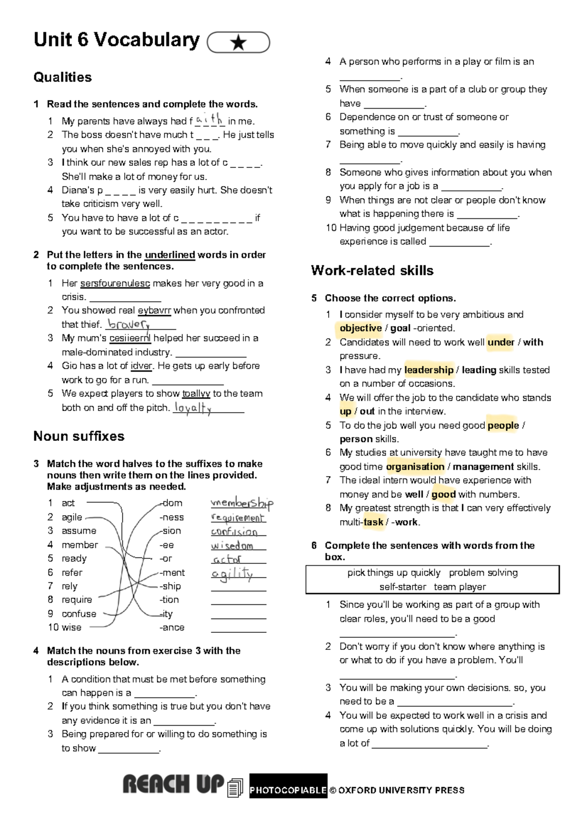 Vocabulary unit 6 1 star - Unit 6 Vocabulary ! PHOTOCOPIABLE © OXFORD ...