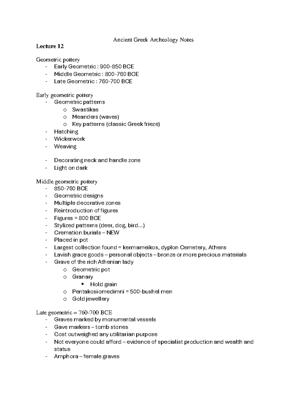 Archeology notes - Ancient Greek Archeology Notes Lecture 12 Geometric ...