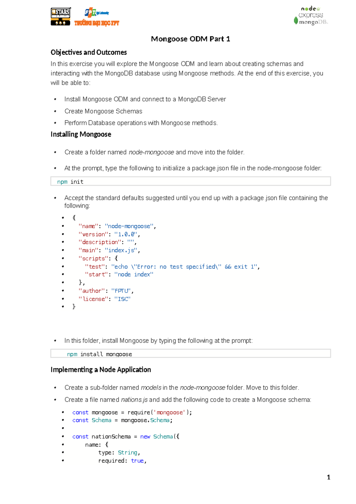 Exercise 11 - Mongoose ODM - P1 - Mongoose ODM Part 1 Objectives and ...