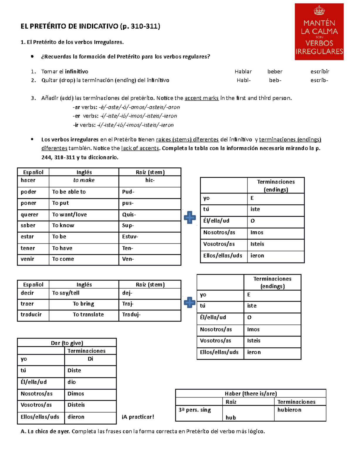 Preterito Irregulares Tarea-2 - EL PRETÉRITO DE INDICATIVO (p. 310-311 ...