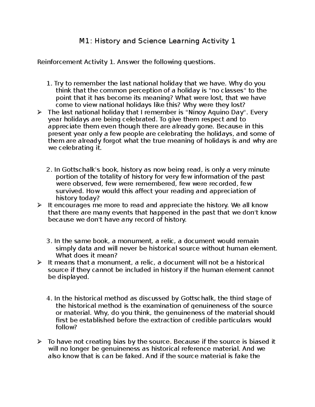 M1 History and Science Learning Activity 1 - Answer the following ...