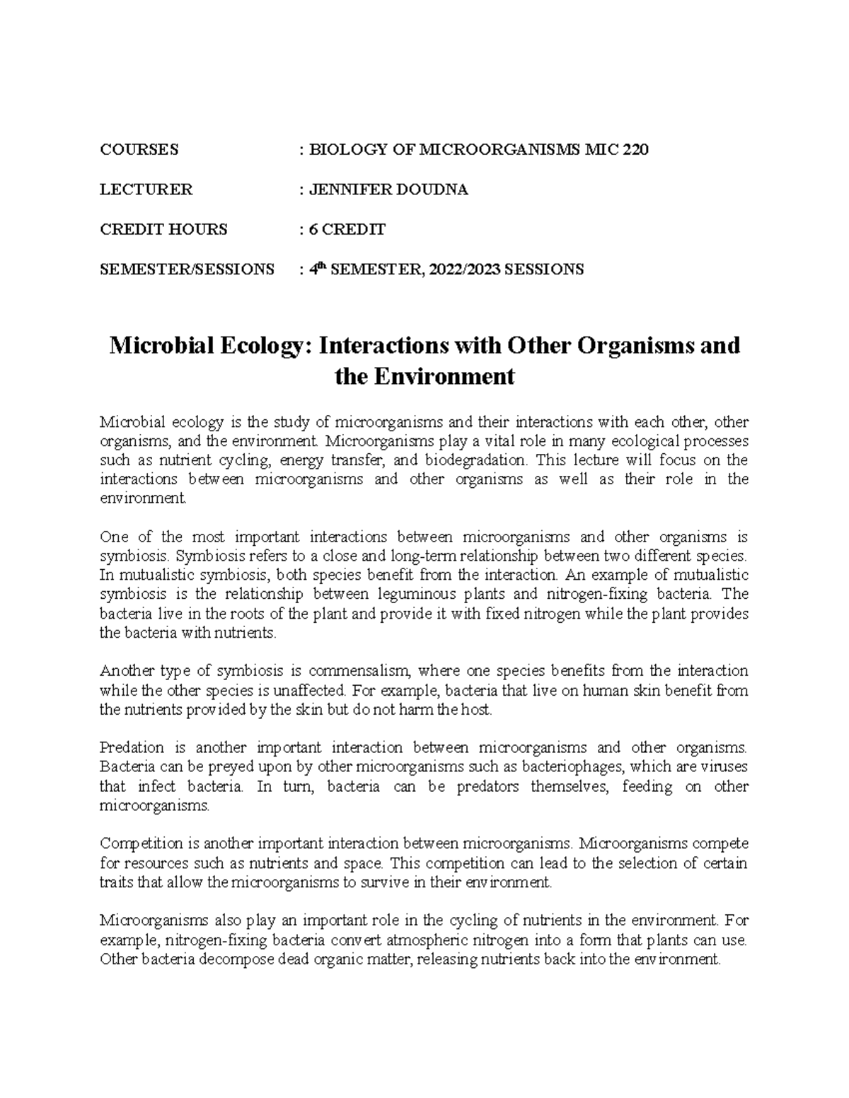 Ecology Interactions with Other Organisms and the Environment - COURSES ...