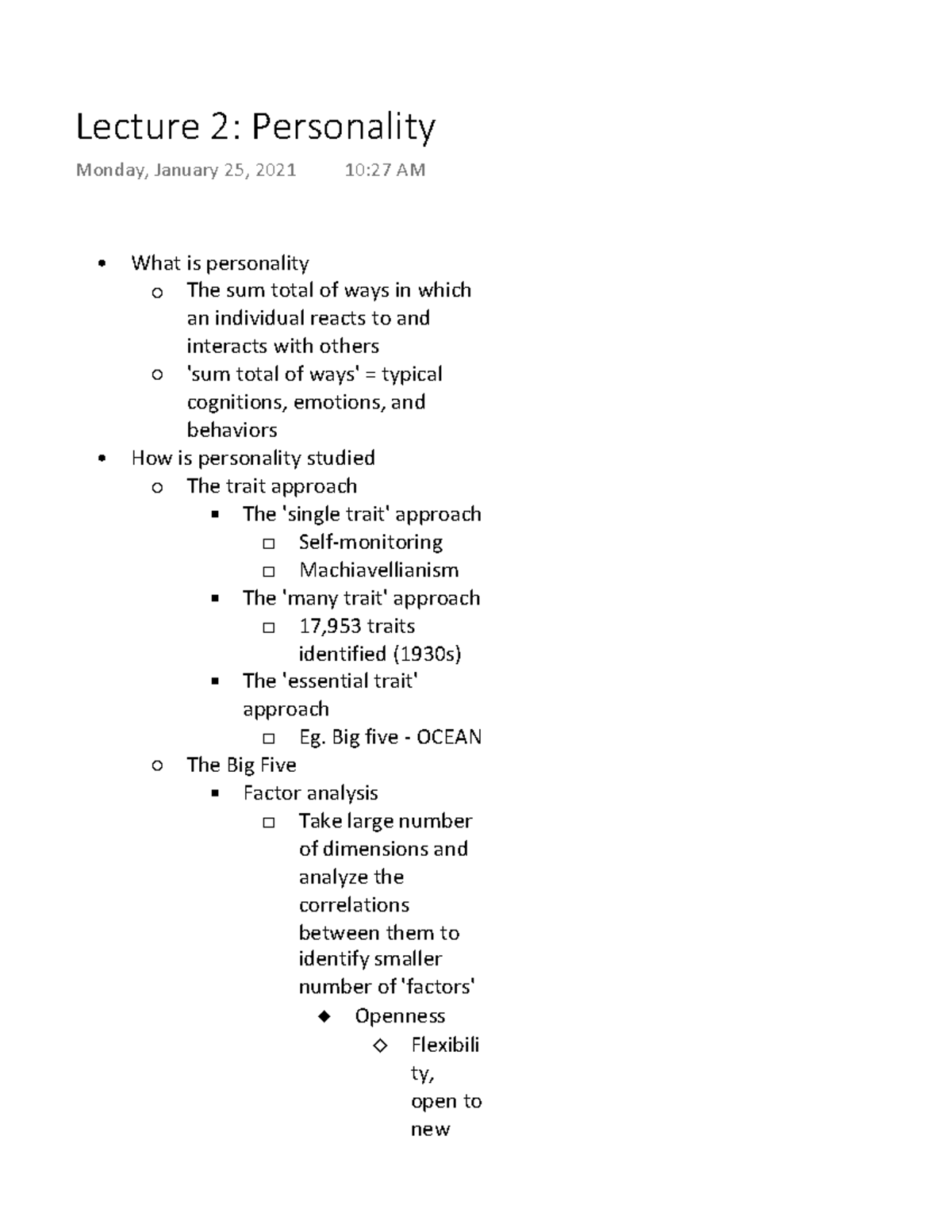 Lecture 2 Personality - What is personality The sum total of ways in which an individual reacts ...