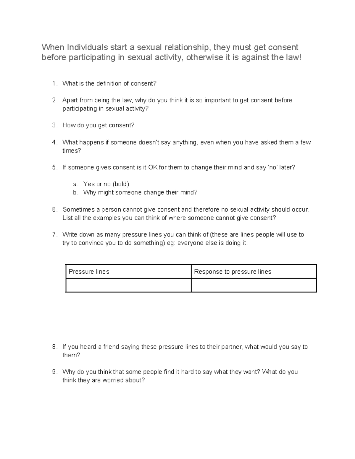 Worksheet 5.11 - Consent - When Individuals start a sexual relationship ...