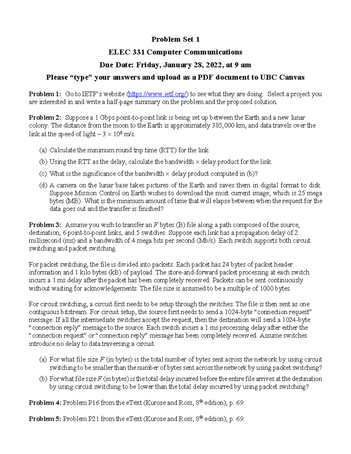 ELEC 331 Problem Set 1 - Problem Set 1 ELEC 331 Computer Communications ...