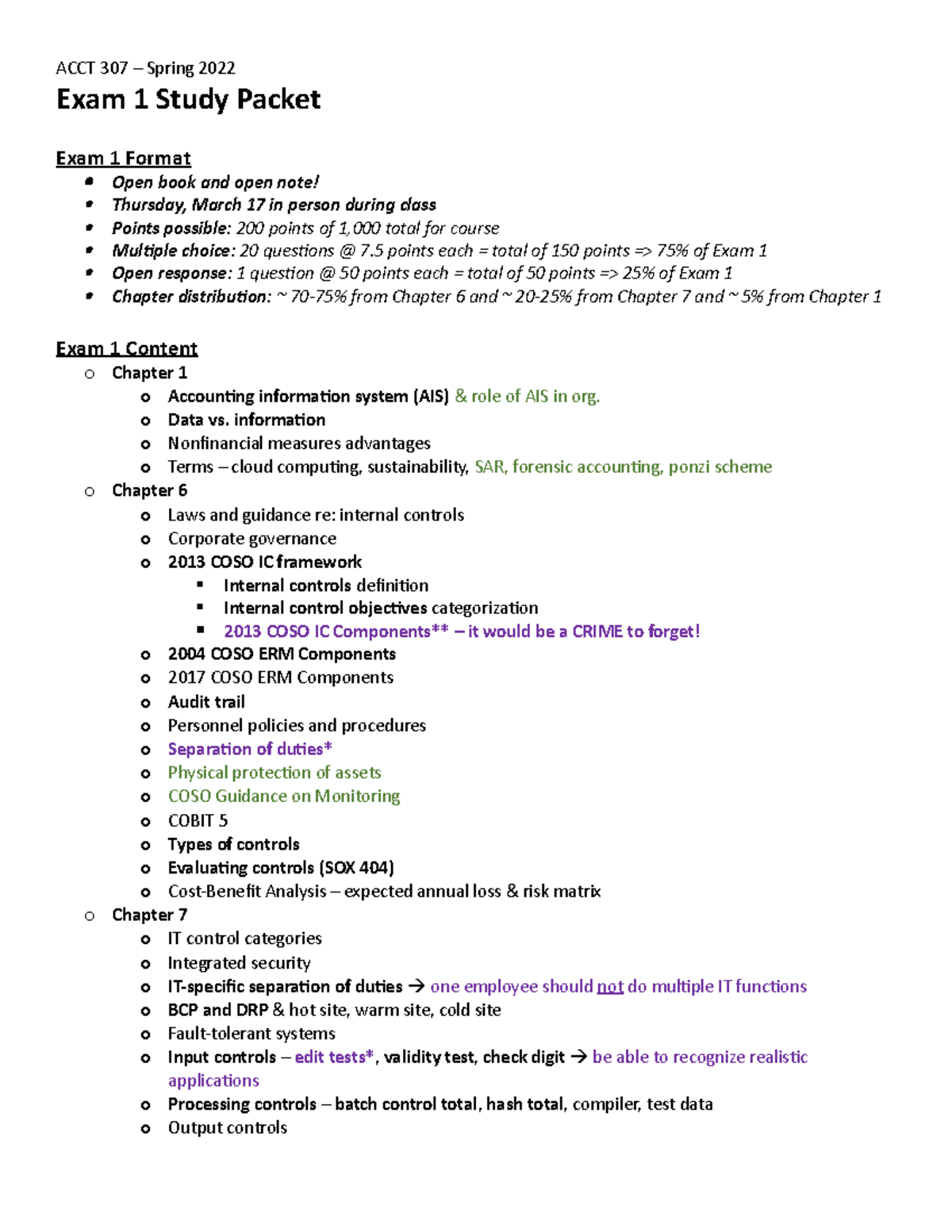 Exam 1 Study Packet - Important - ACCT 307 – Spring 2022 Exam 1 Study ...