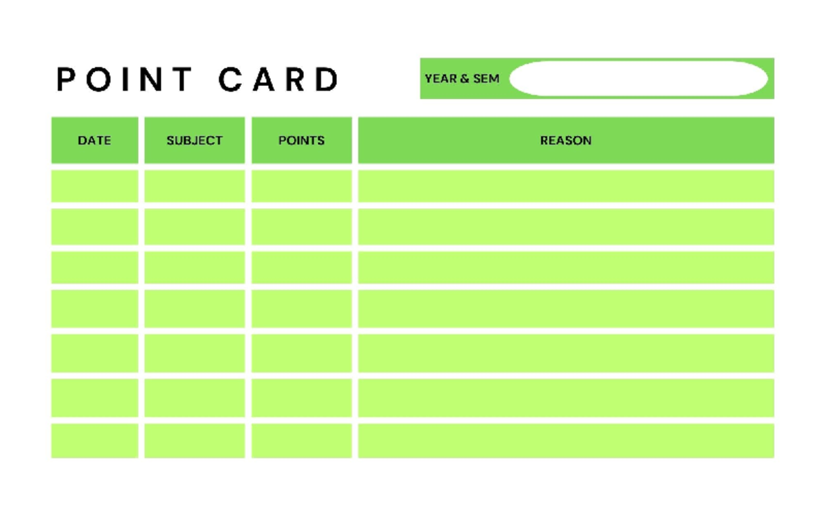 Point and Grade card - POINT CARD YEAR SEM DATE SUBJECT POINTS REASON ...