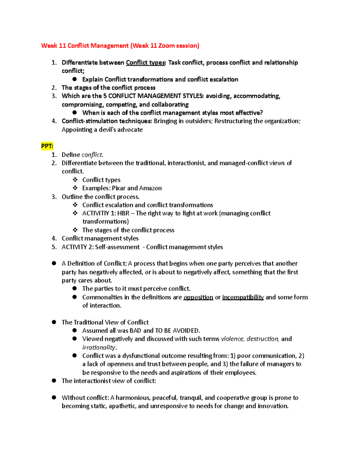 MGMT 340 - Exam 2 Study Guide - Week 11 Conflict Management (Week 11 ...
