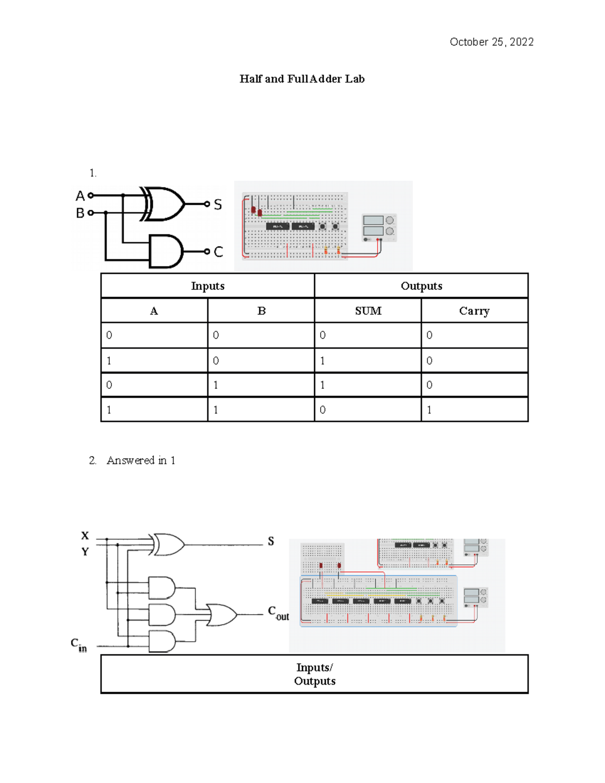 Half and Full Adder Lab - October 25, 2022 Half and Full Adder Lab 1 ...