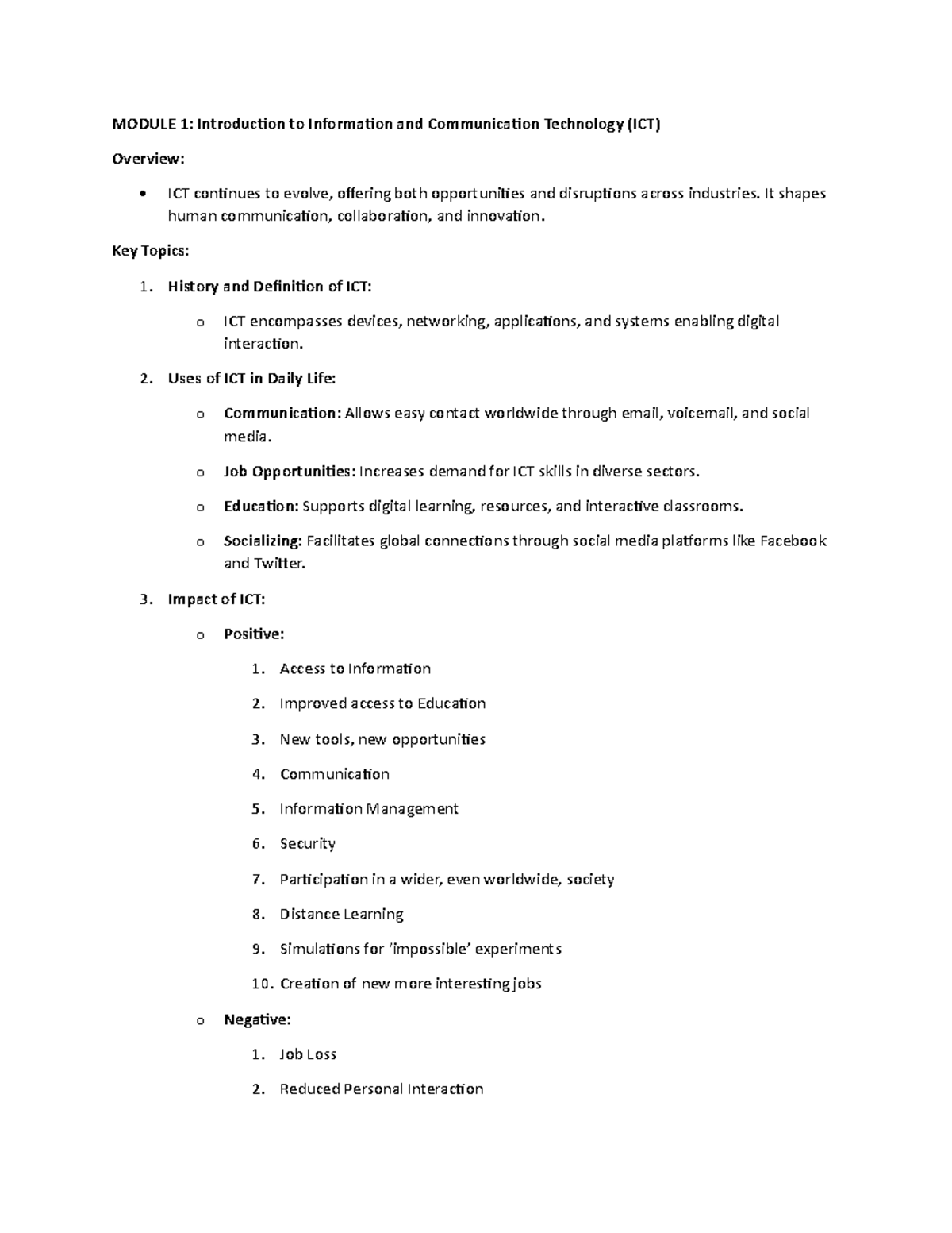 IT LEC Modules 1-2 reviewer - MODULE 1: Introduction to Information and Communication Technology ...