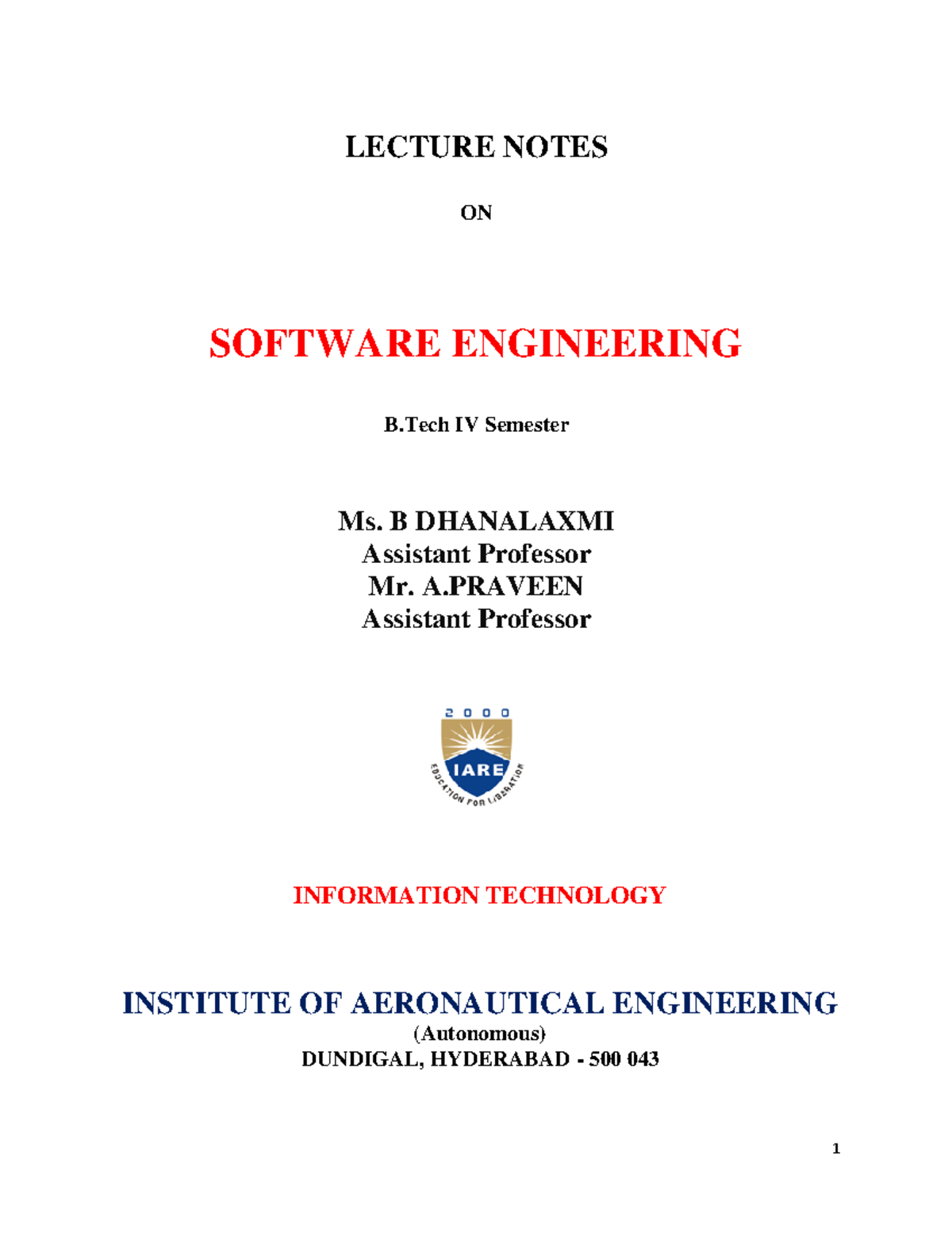 IARE SE Lecture Notes - LECTURE NOTES ON SOFTWARE ENGINEERING B IV ...
