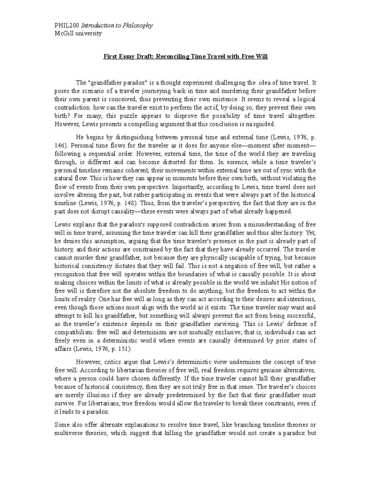 Essay 1 draft - reconciliating time travel and free will - PHIL200 ...