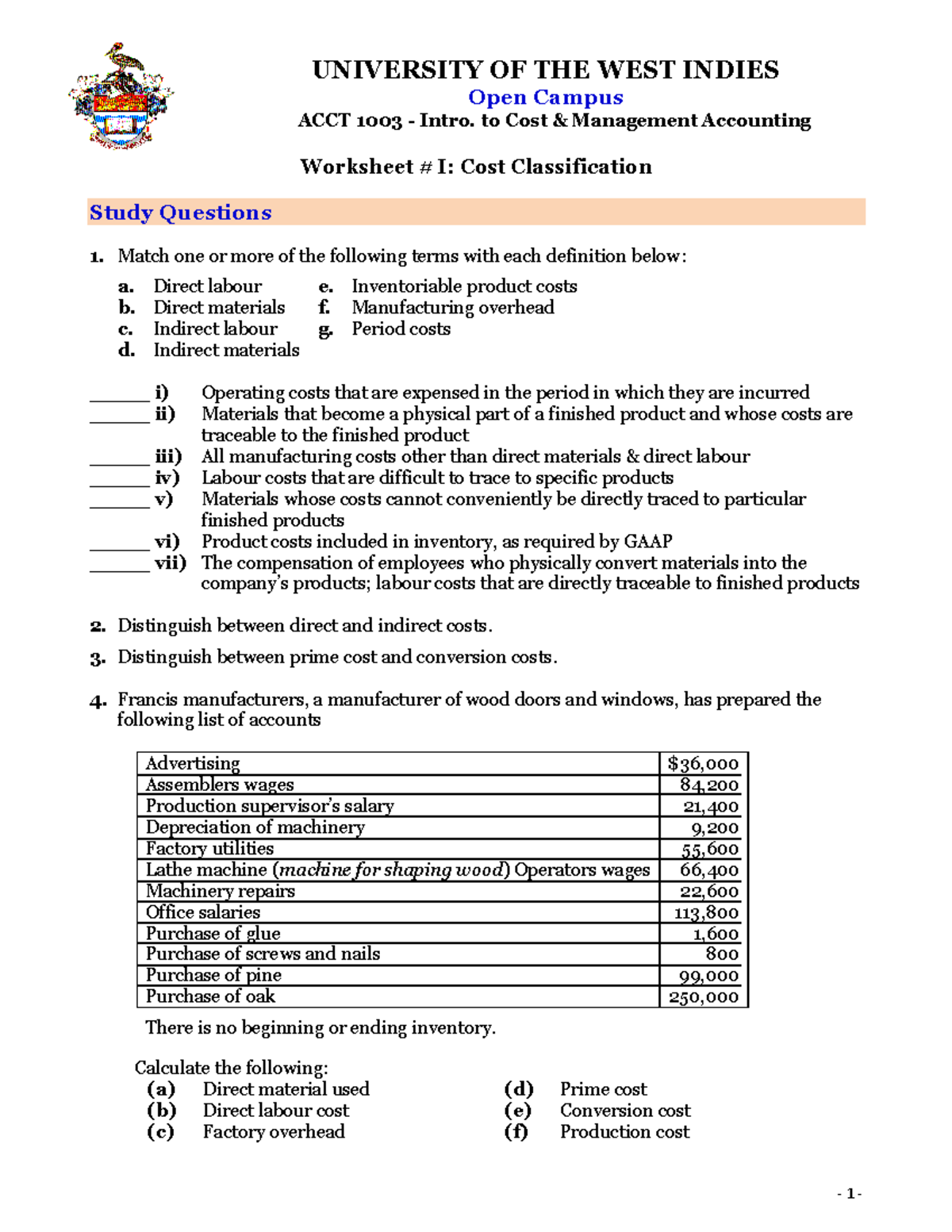 ACCT1003 Worksheet #1 - UNIVERSITY OF THE WEST INDIES Open Campus ACCT ...