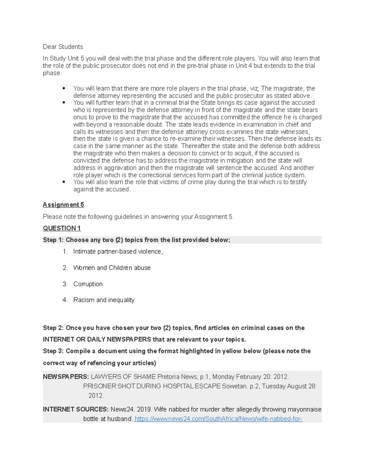 Unit 5 Assignment 5 Edited - Dear Students In Study Unit 5 you will ...