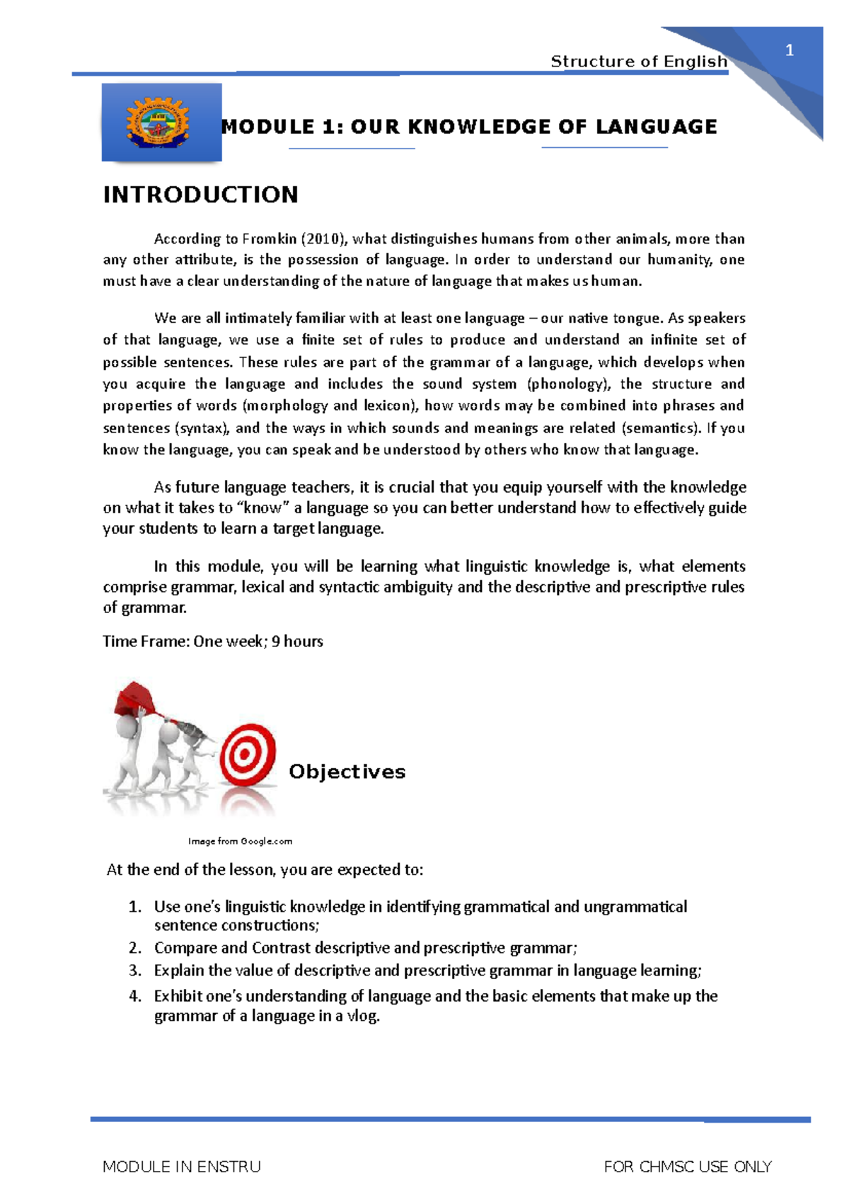 Copy Module 1 OUR Knowledge OF Language - Structure of English MODULE 1 ...