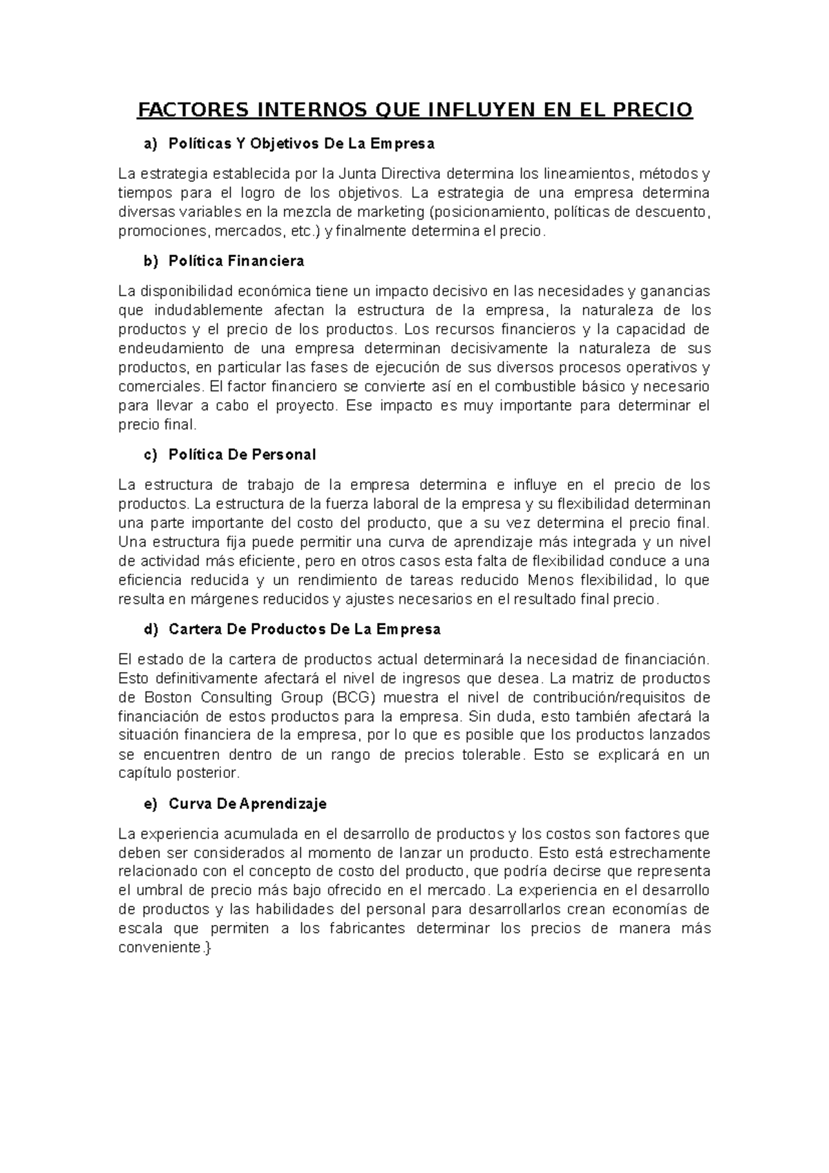 Factores Internos QUE Influyen EN EL Precio - FACTORES INTERNOS QUE ...