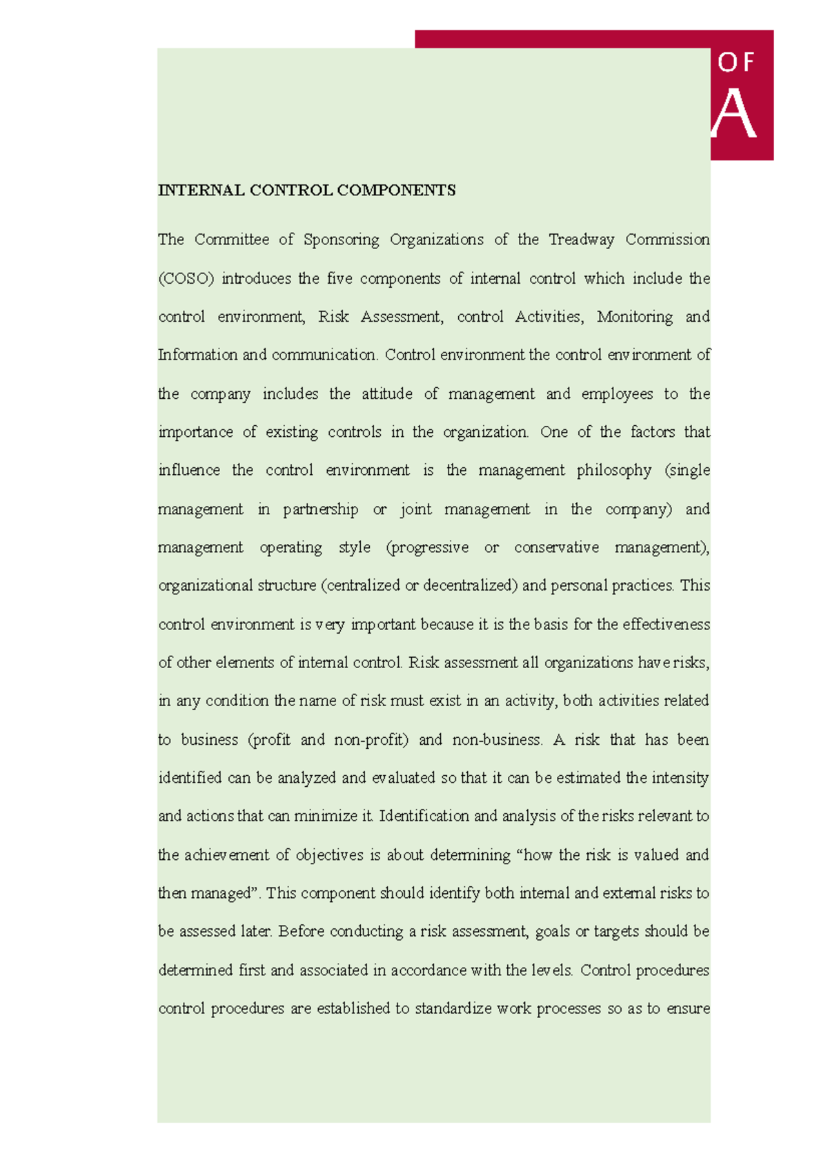 Documents Accounting - Internal Control Components - INTERNAL CONTROL COMPONENTS The Committee ...