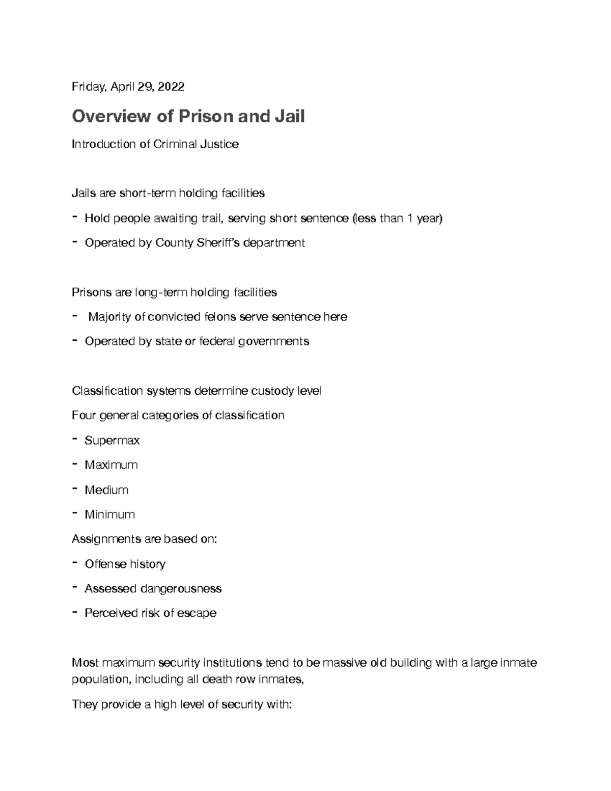 Overview of Prison and Jail - Friday, April 29, 2022 Overview of Prison ...