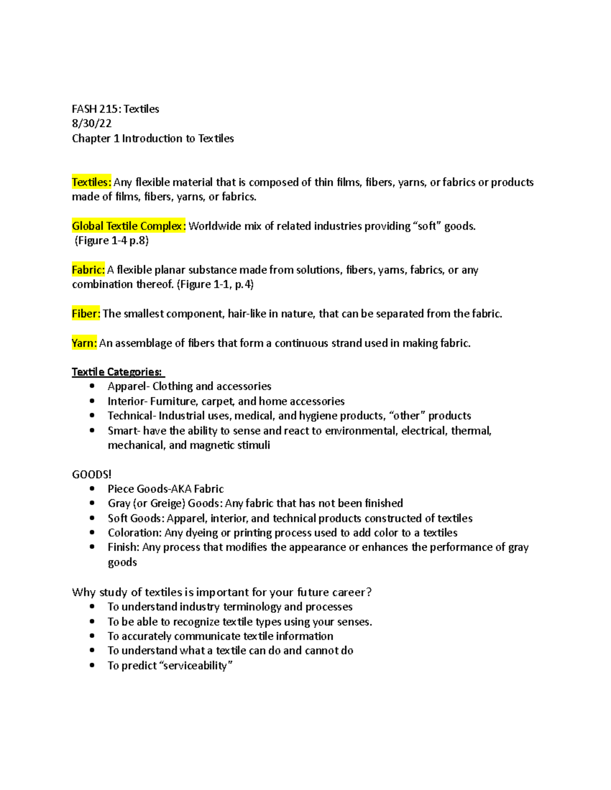 FASH 212 Textile Notes - FASH 215: Textiles 8/30/ Chapter 1 ...
