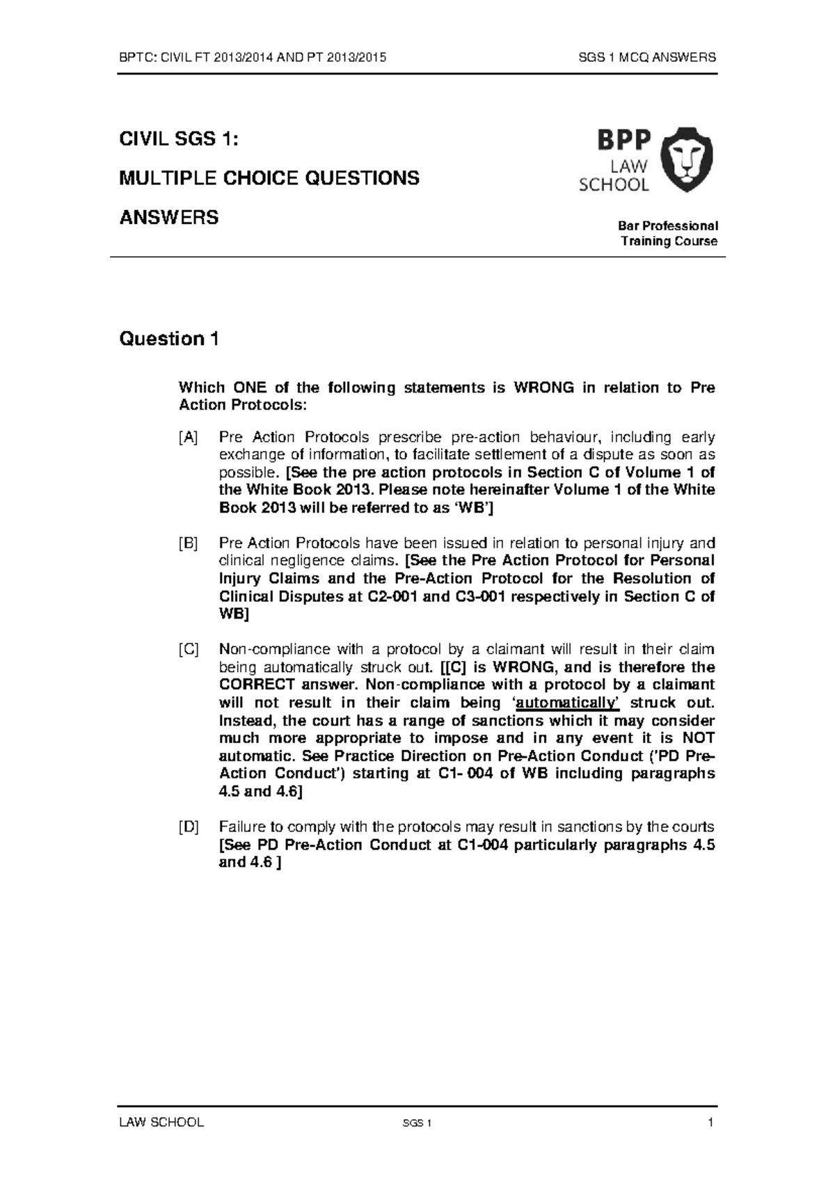 BPP SG 1 - MCG Ans old - Q&As - BPTC: CIVIL FT 2013/2014 AND PT 2013/ ...