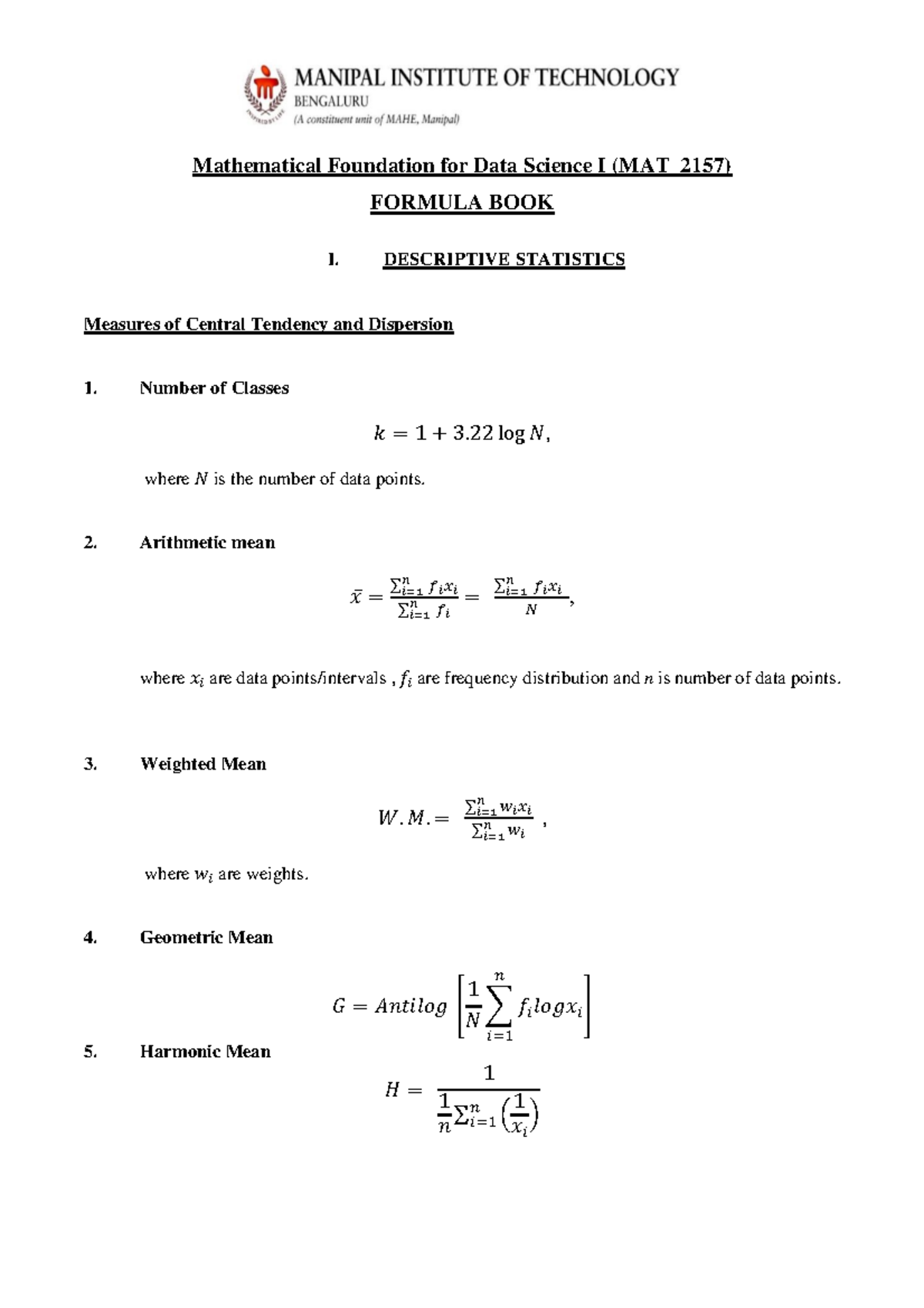 Formula Book MFDS I B.Tech. DS(III) - Mathematical Foundation for Data ...
