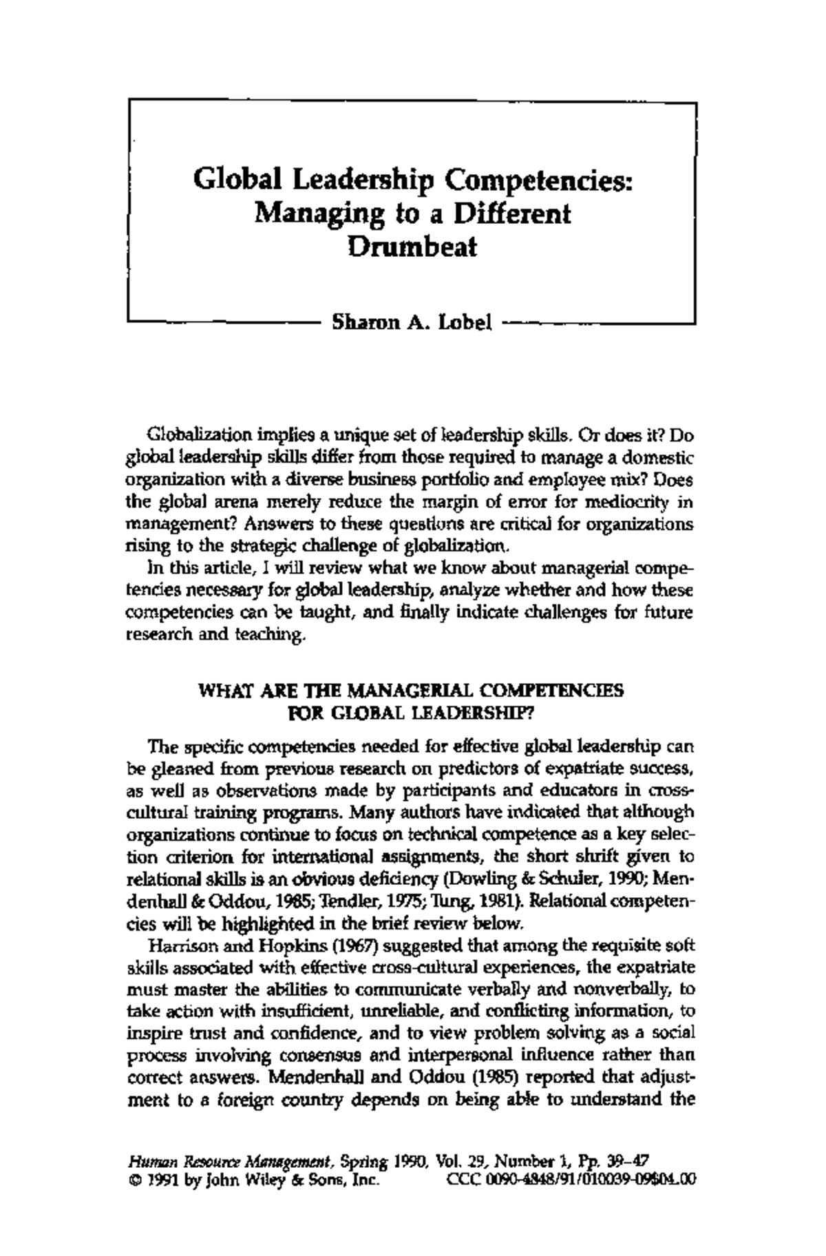 Global leadership competencies Managing to a different drumbeat ...