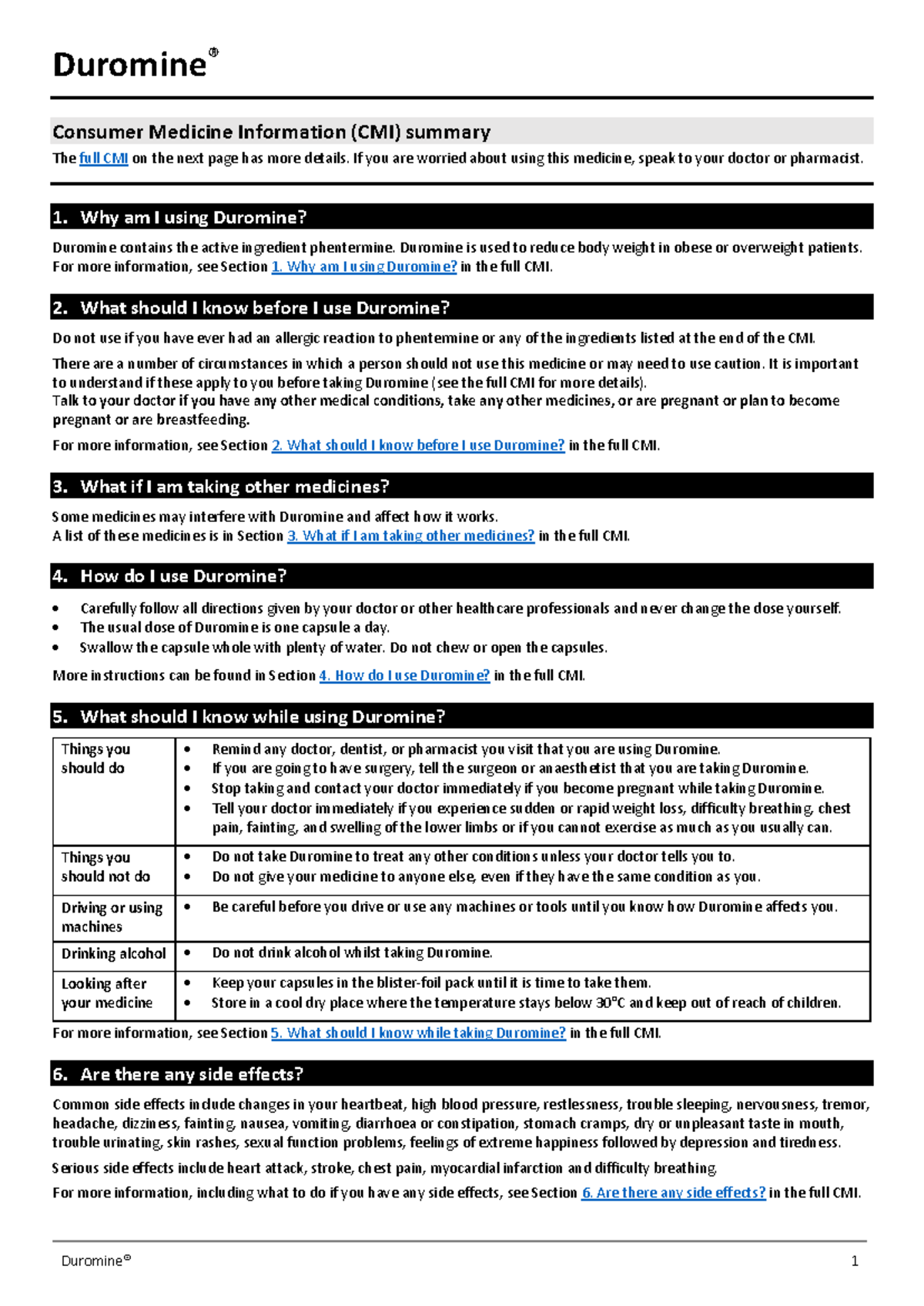 Duromine - Duromine ® Consumer Medicine Information (CMI) summary The ...