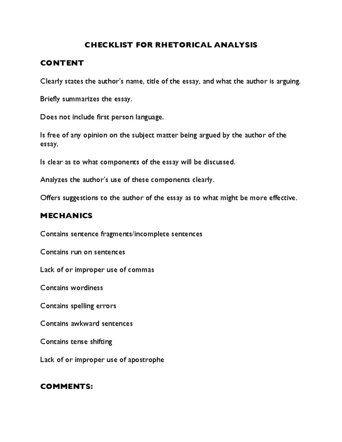 Project Two Evaluation Sheet - CHECKLIST FOR RHETORICAL ANALYSIS ...