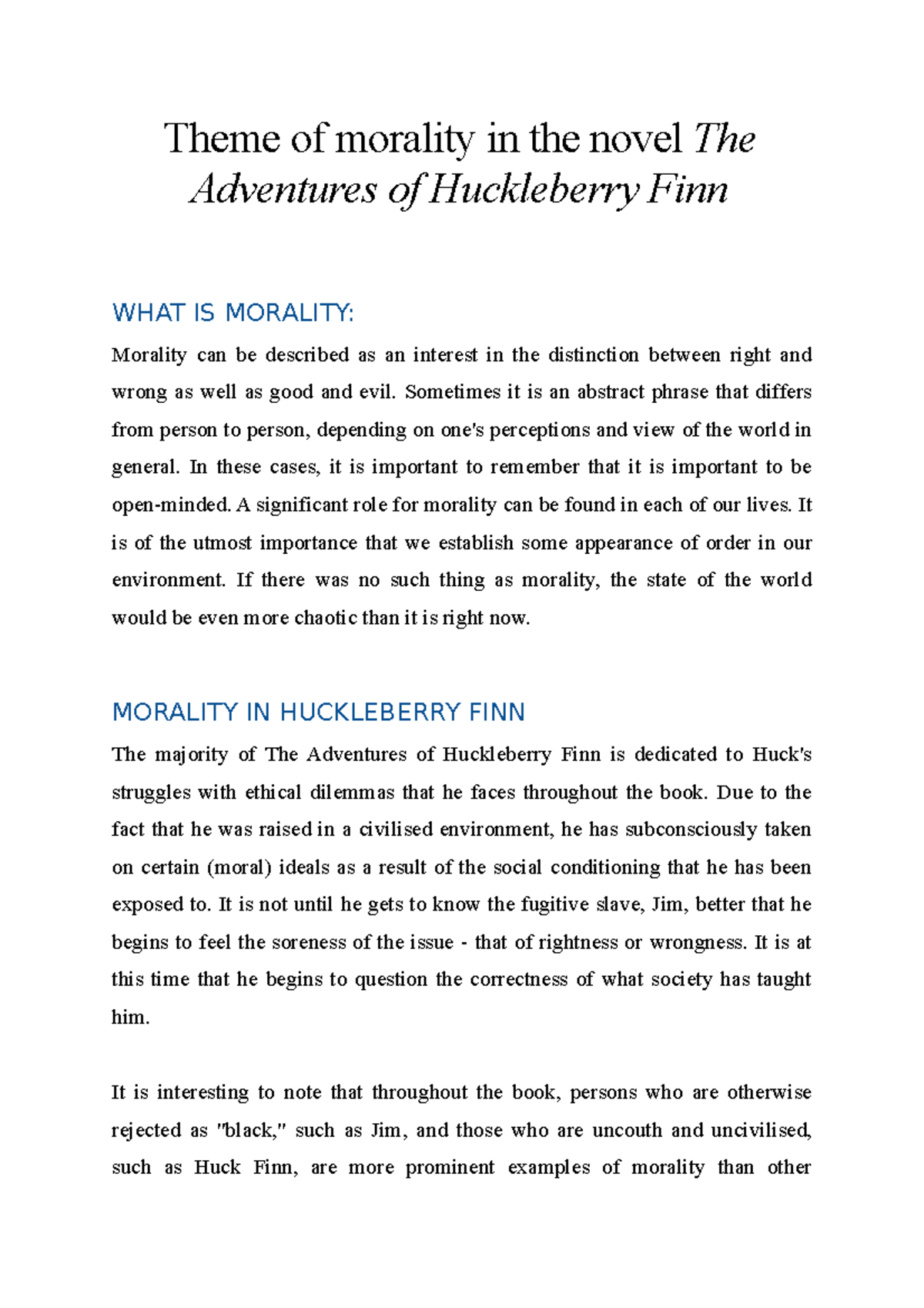Theme of morality in the novel The Adventures of Huckleberry Finn ...