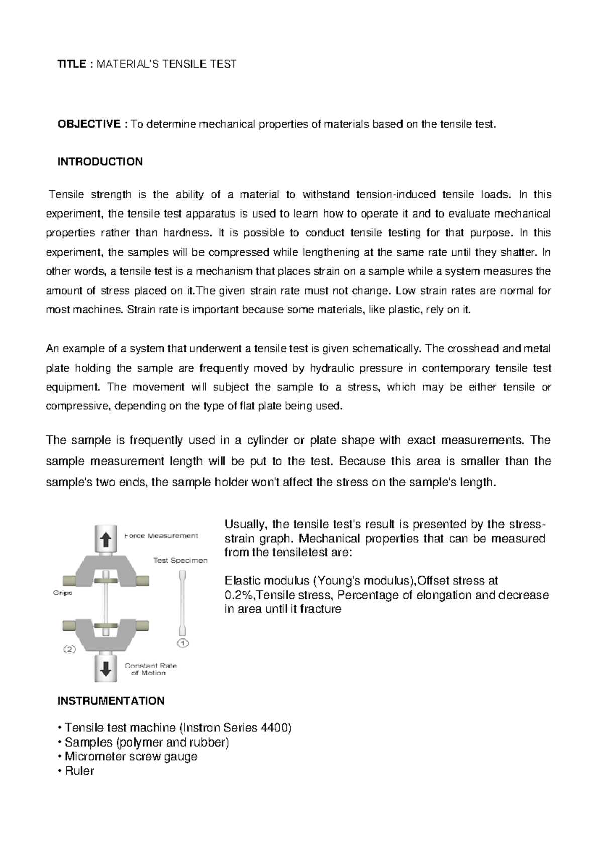 Tensile Strength Experiment Lab - TITLE : MATERIAL’S TENSILE TEST ...