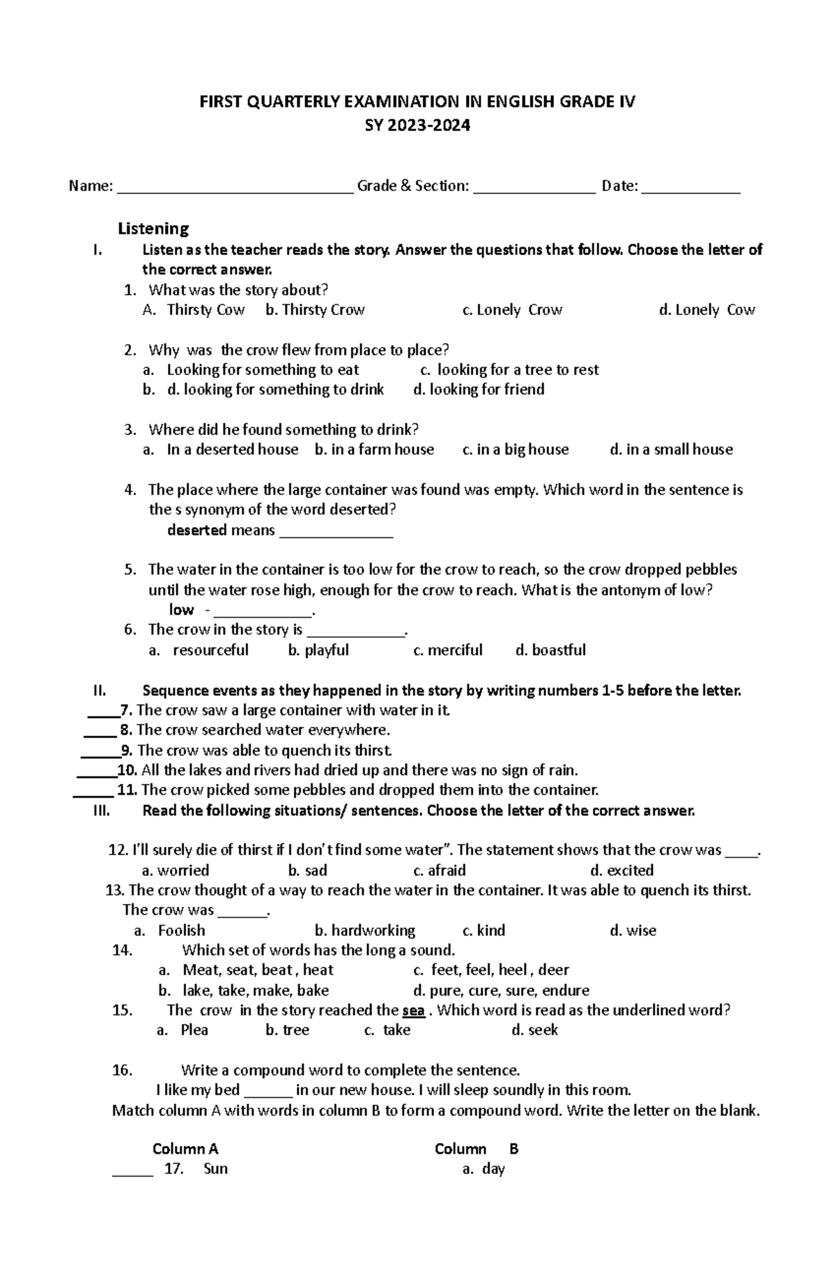 PT English 4 Q1 - Periodical Exam - FIRST QUARTERLY EXAMINATION IN ...