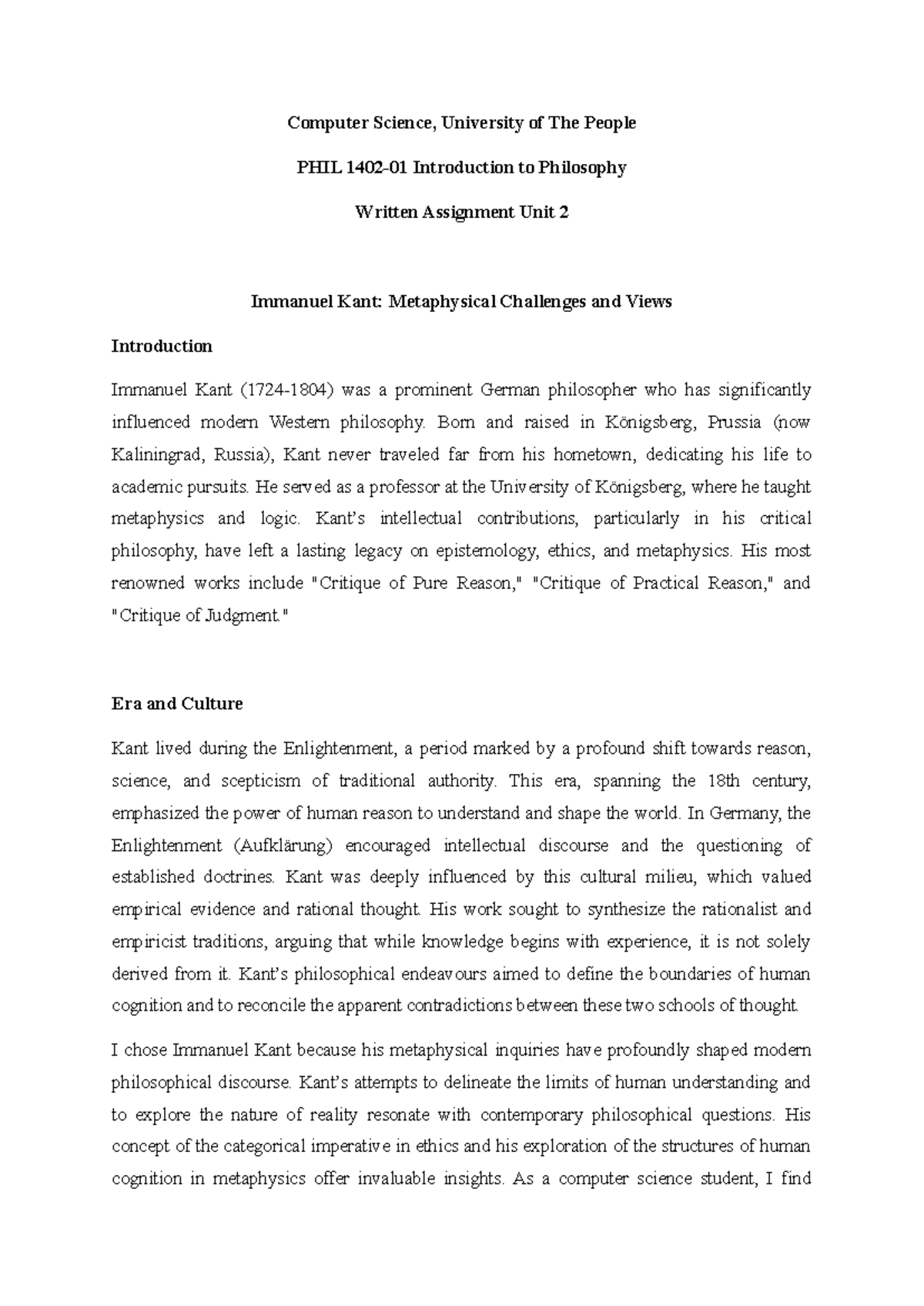 PHIL 1402-01 - Written Assignment Unit 2 - Computer Science, University of The People PHIL 1402 ...