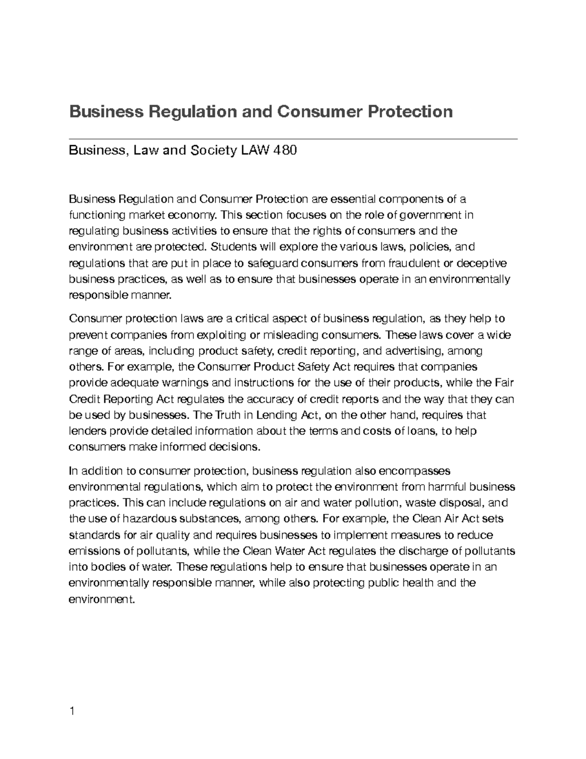 Business Regulation and Consumer Protection Summary - This section ...