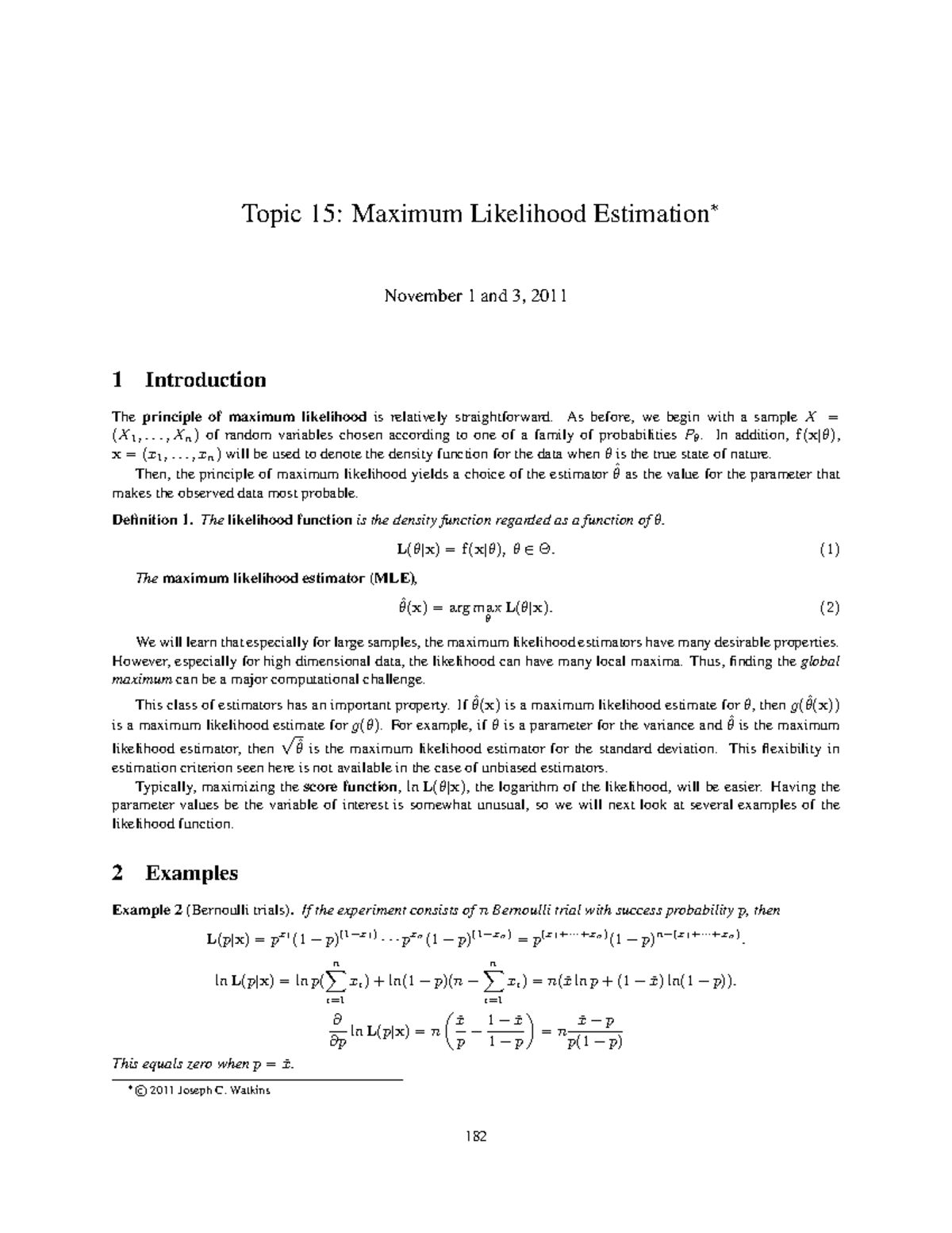 O-mle - notes - Topic 15: Maximum Likelihood Estimation ∗ November 1 ...
