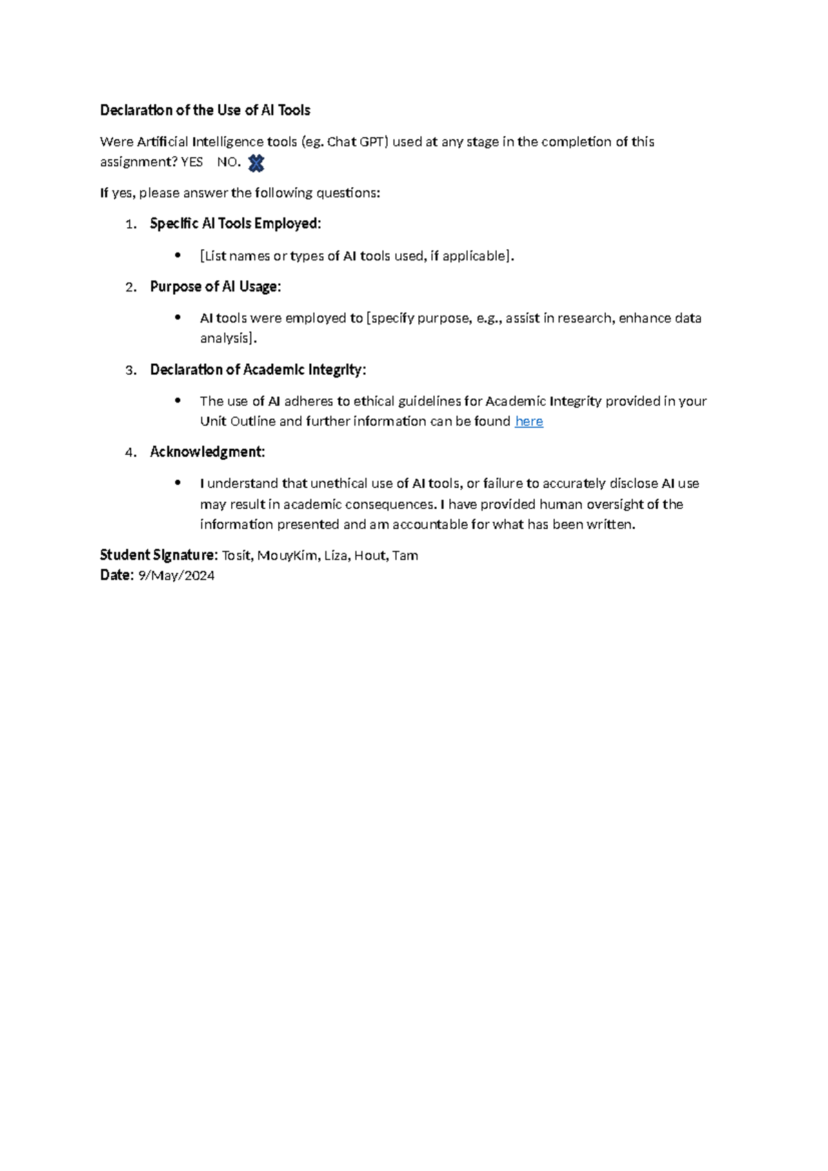 Declaration of the Use of AI Tools 1 - Chat GPT) used at any stage in ...