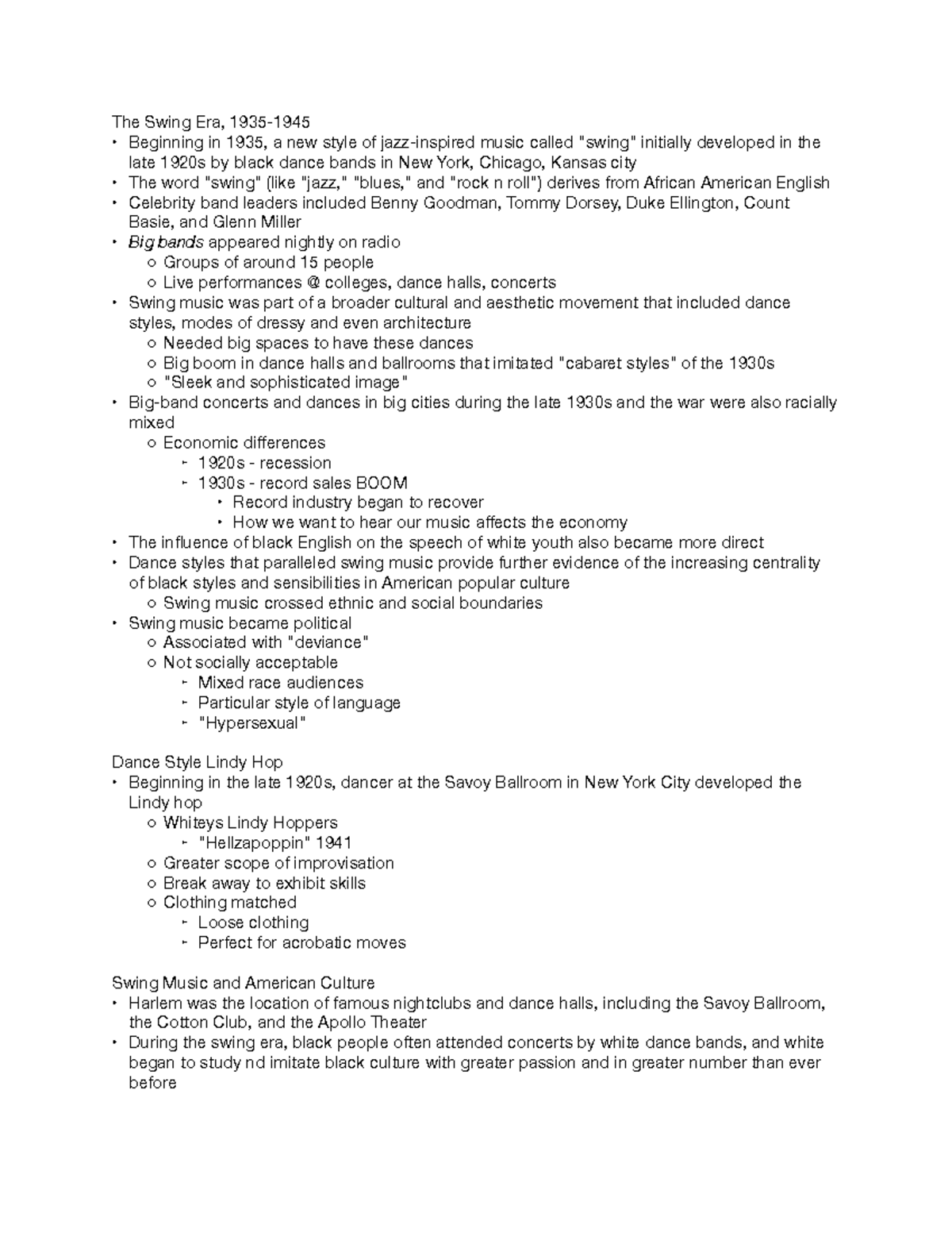 Week 7 notes lecture - The Swing Era, 1935-1945 • Beginning in 1935, a ...