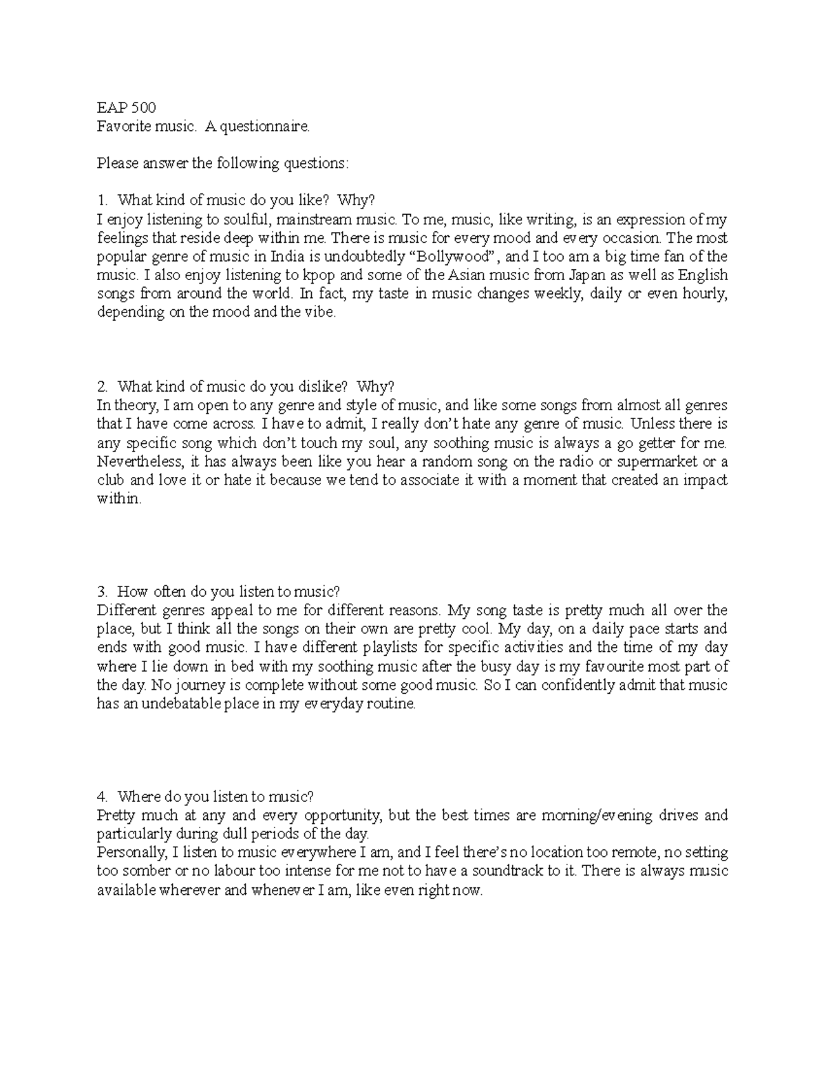 Music questionnaire Lecture - EAP 500 Favorite music. A questionnaire ...