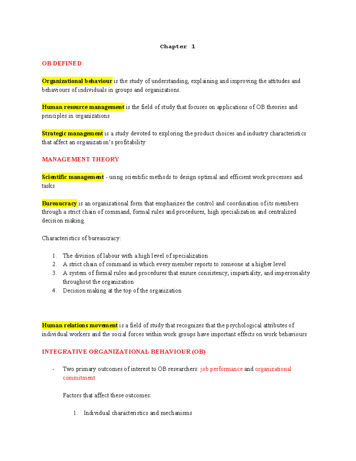 OB Notes - Chapter 1 OB DEFINED Organizational behaviour is the study ...