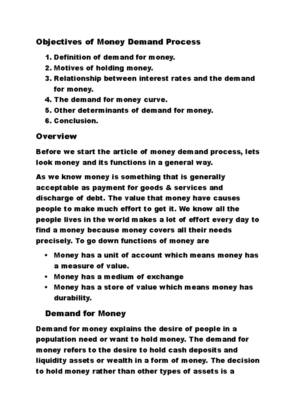 G4 Banking Assignment - Objectives of Money Demand Process Definition ...