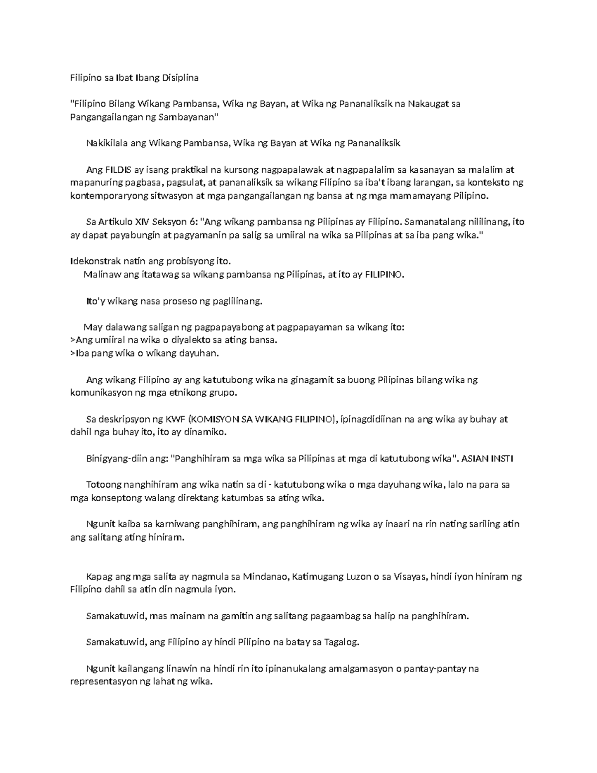 LECTURE AT REVIEWER - Filipino sa Ibat Ibang Disiplina "Filipino Bilang ...