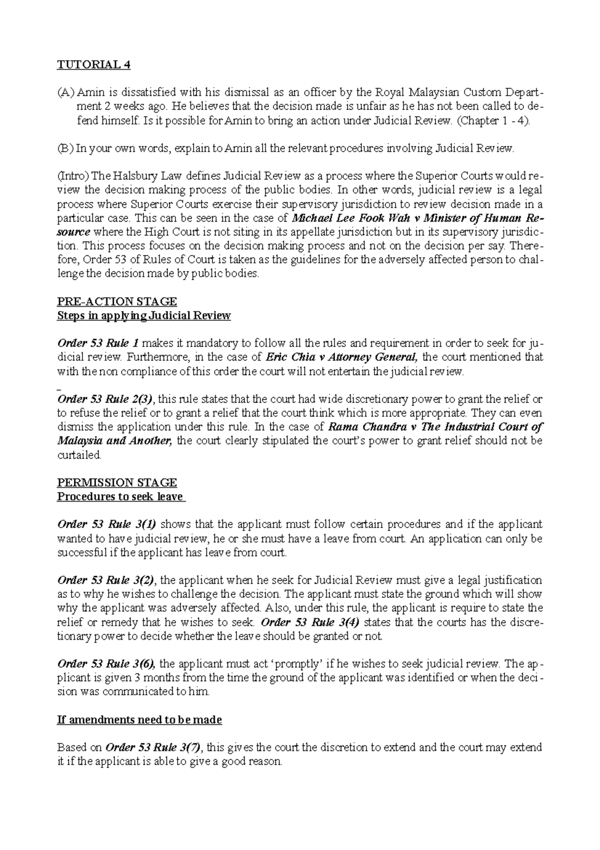 Tutorial 4 Administrative Law UAL2612 - TUTORIAL 4 (A) Amin is ...