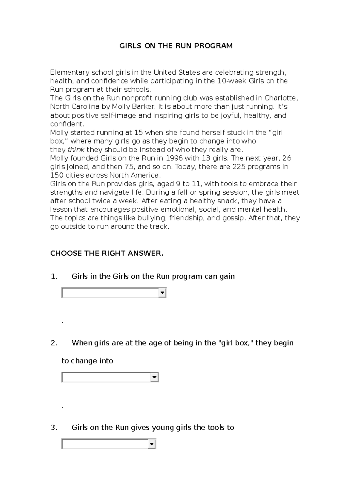 Girls ON THE RUN Program Reading - GIRLS ON THE RUN PROGRAM Elementary ...
