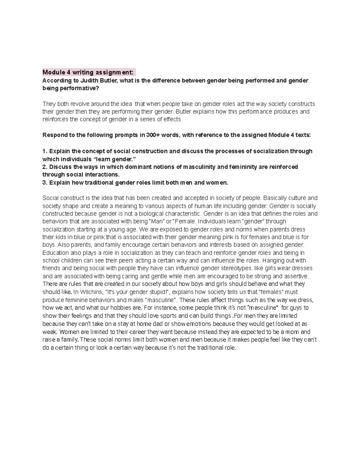 WS200 mod 4 writing assignment - Module 4 writing assignment: According to Judith Butler, what ...