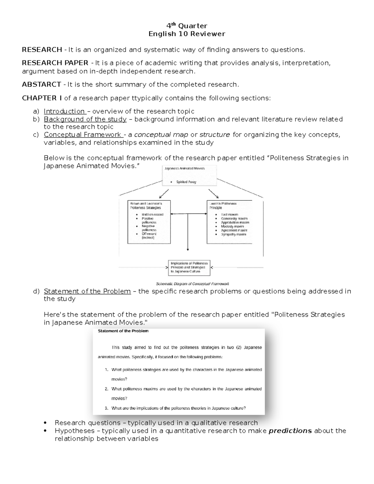 4th Quarter Reviewer - 4 th Quarter English 10 Reviewer RESEARCH - It is an organized and ...