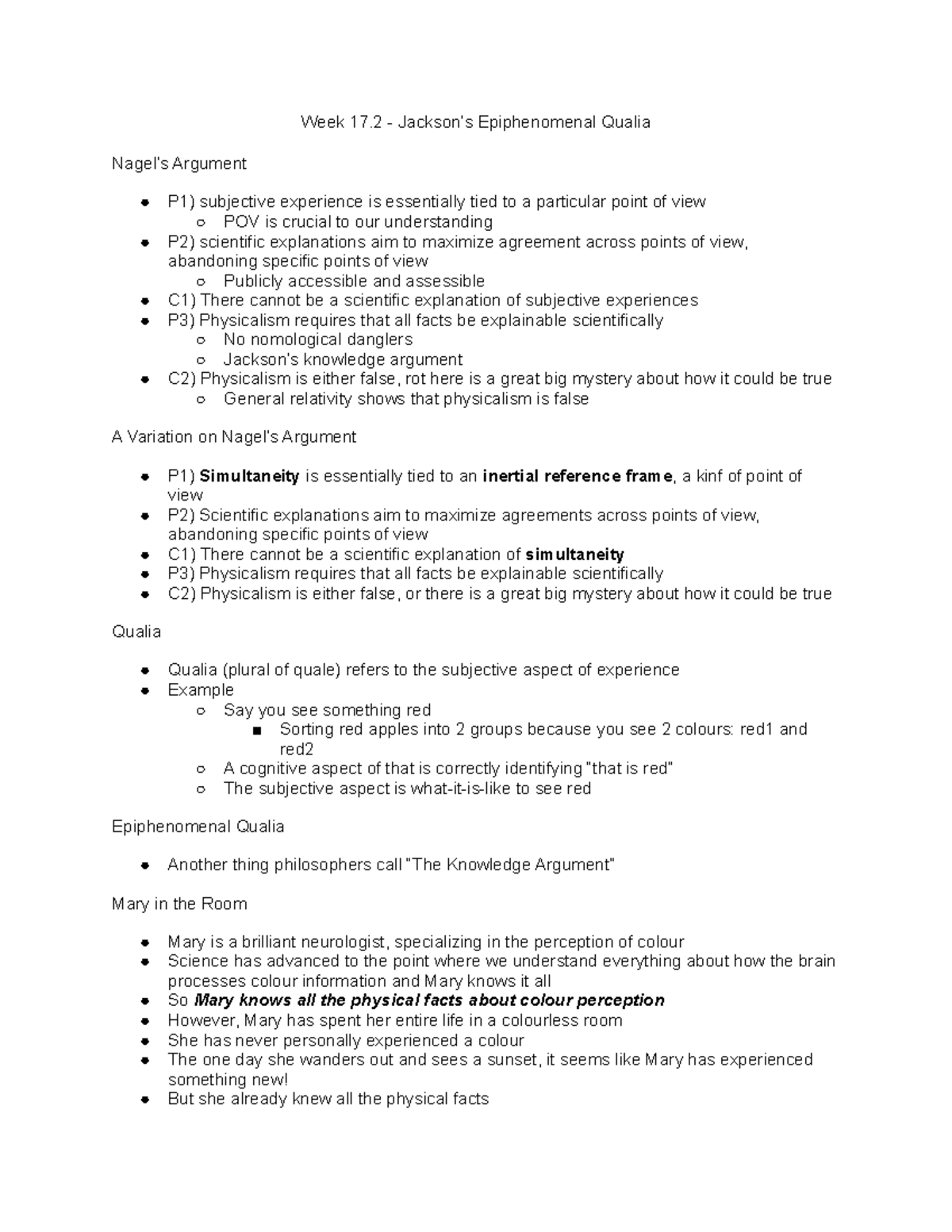 Week 17 - Cory Lewis - Week 17 - Jackson’s Epiphenomenal Qualia Nagel’s ...