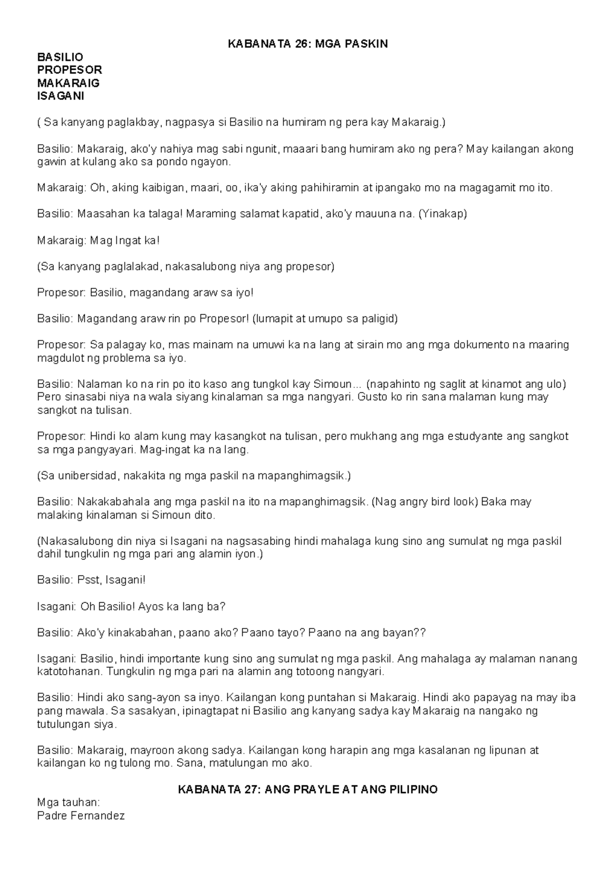 FIL- Script-26-32 - jhkjhjkh - KABANATA 26: MGA PASKIN BASILIO PROPESOR ...