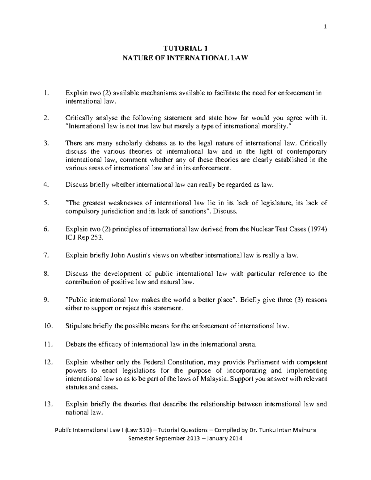 Tutorial questions - International law tuto 1 question - Public ...