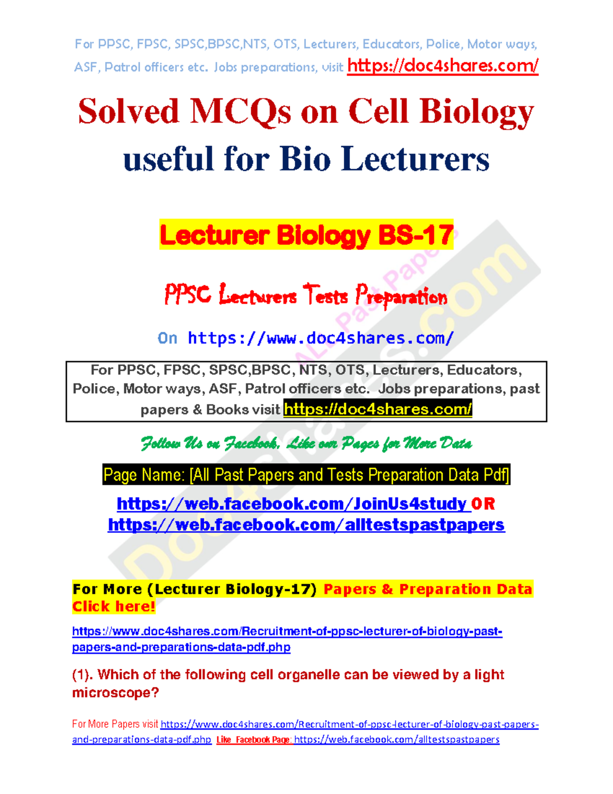 Solved MCQs on Cell Biology useful for Bio Lecturers - ASF, Patrol ...