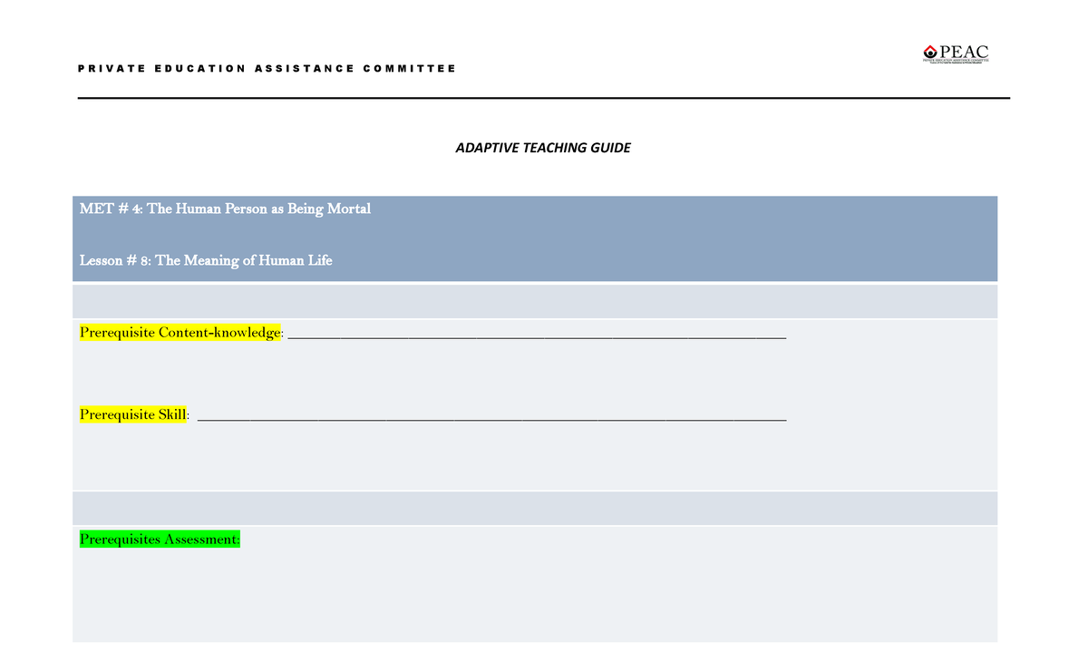 2. Template FOR Adaptive Teaching Guide - Lesson 8 - ADAPTIVE TEACHING ...